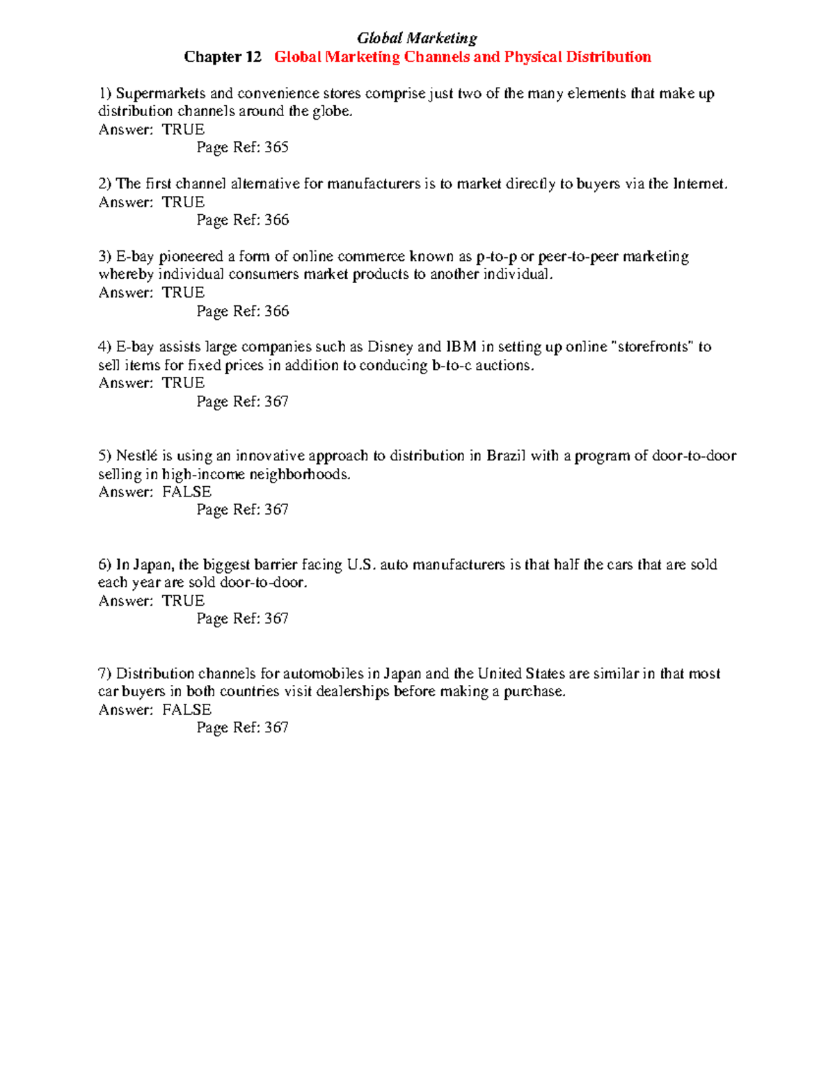 Ch12 Global Marketing Channels & Physical Distribution Review Test ...