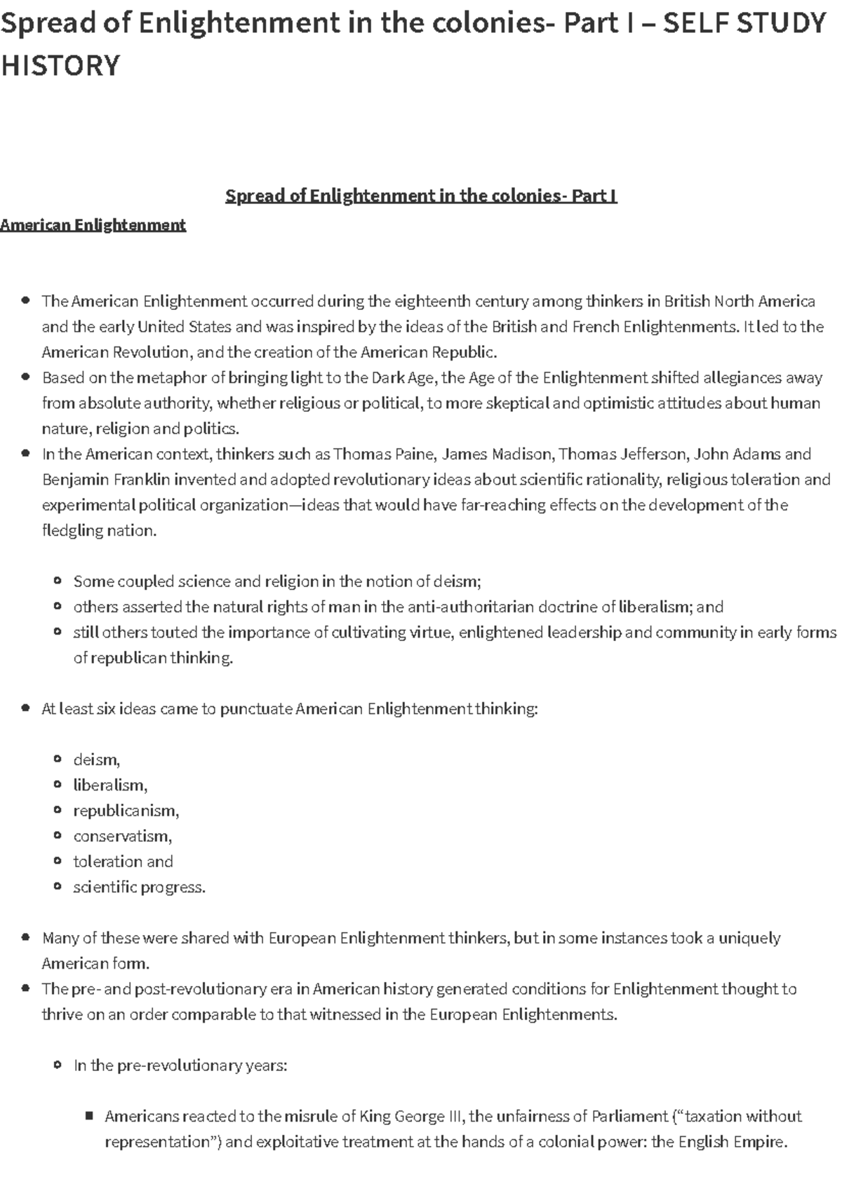 Spread of Enlightenment in the Colonies: Part I Study Notes - Studocu