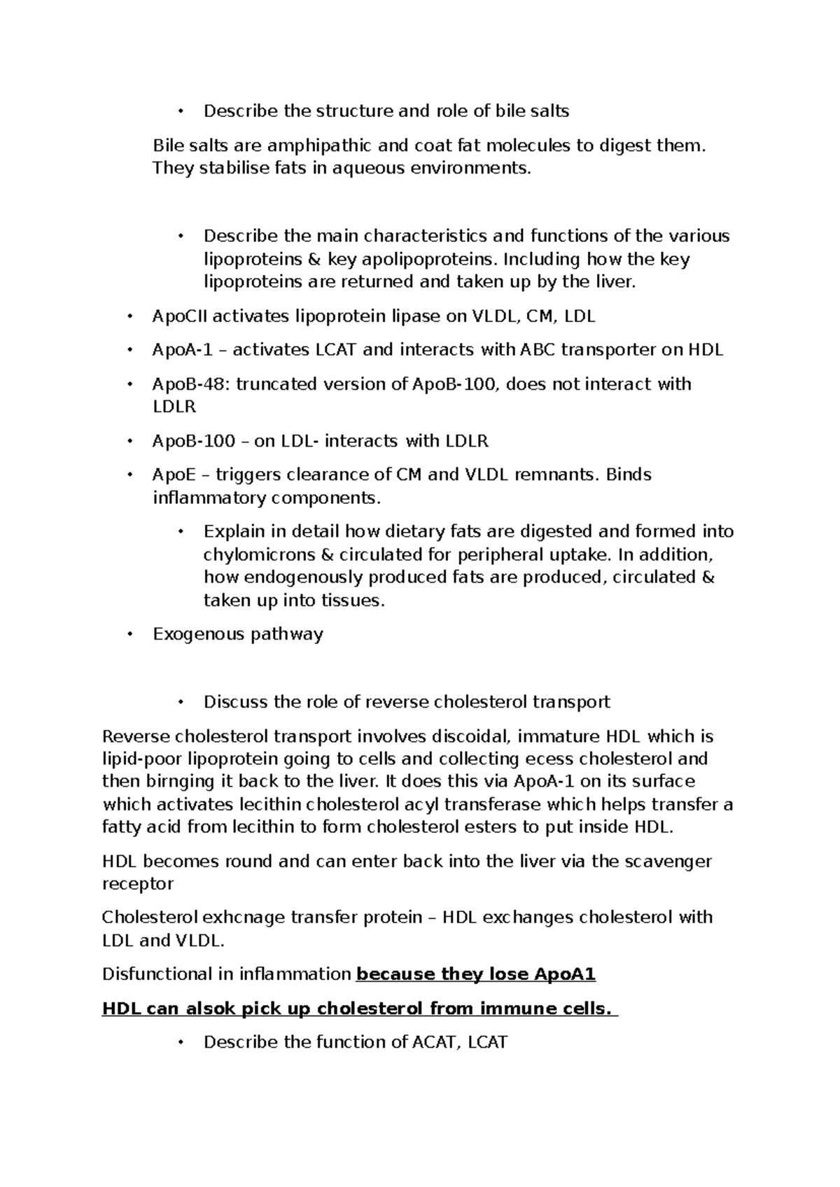BCHM 401: Structure and Function of Bile Salts and Lipoproteins - Studocu
