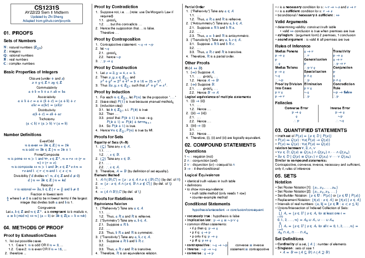 CS1231S Sem 1 Midterm Proofs Cheat Sheet - Studocu