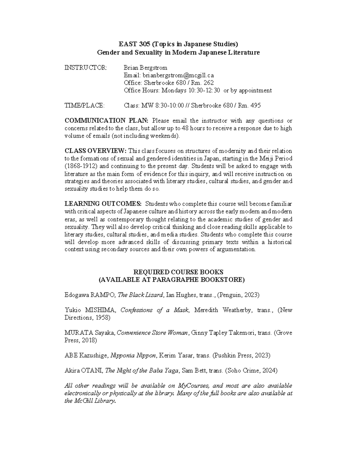 EAST 305 Syllabus: Gender & Sexuality in Modern Japanese Literature ...