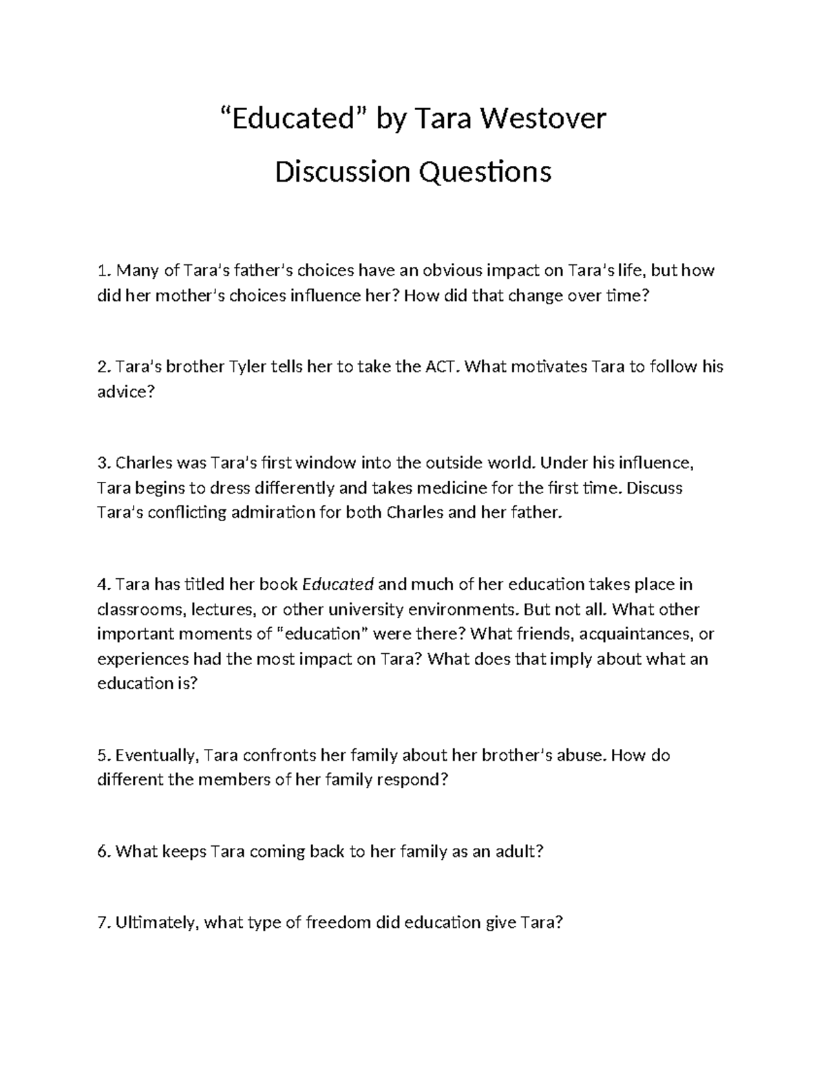 Educated: Discussion Questions for Analysis and Reflection - Studocu