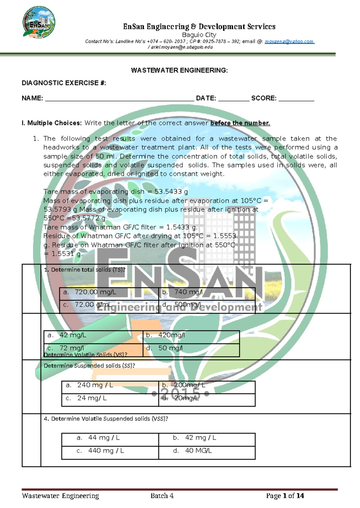 Wastewater Engineering Diagnostic Exercise #4: Solids Analysis and ...