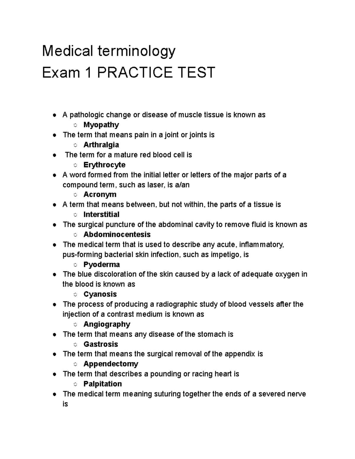 Medical terminology E1 - Medical terminology Exam 1 PRACTICE TEST A ...