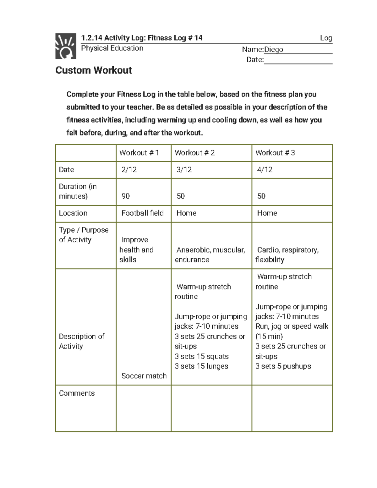 1.2.14 Fitness Log: Detailed Activity & Proposed Plan for Improvement ...