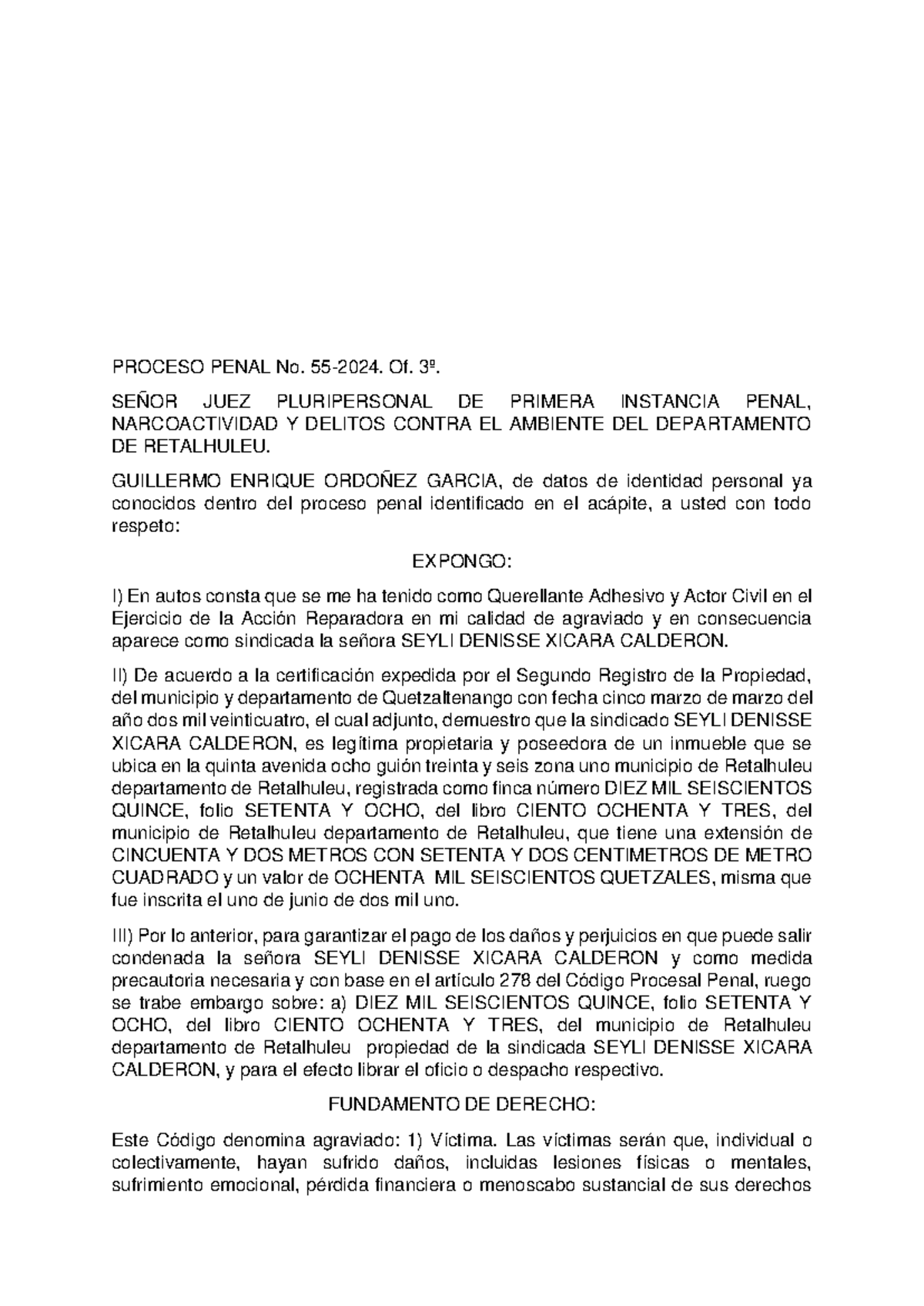 Solicitud de Embargo Precautorio - Proceso Penal No. 55-2024 - Studocu