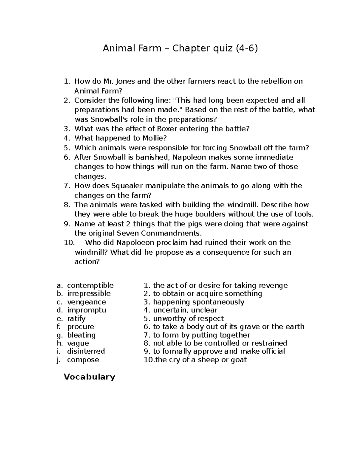 Animal Farm Quiz CH 4-6: Short Answer & Vocabulary - Studocu