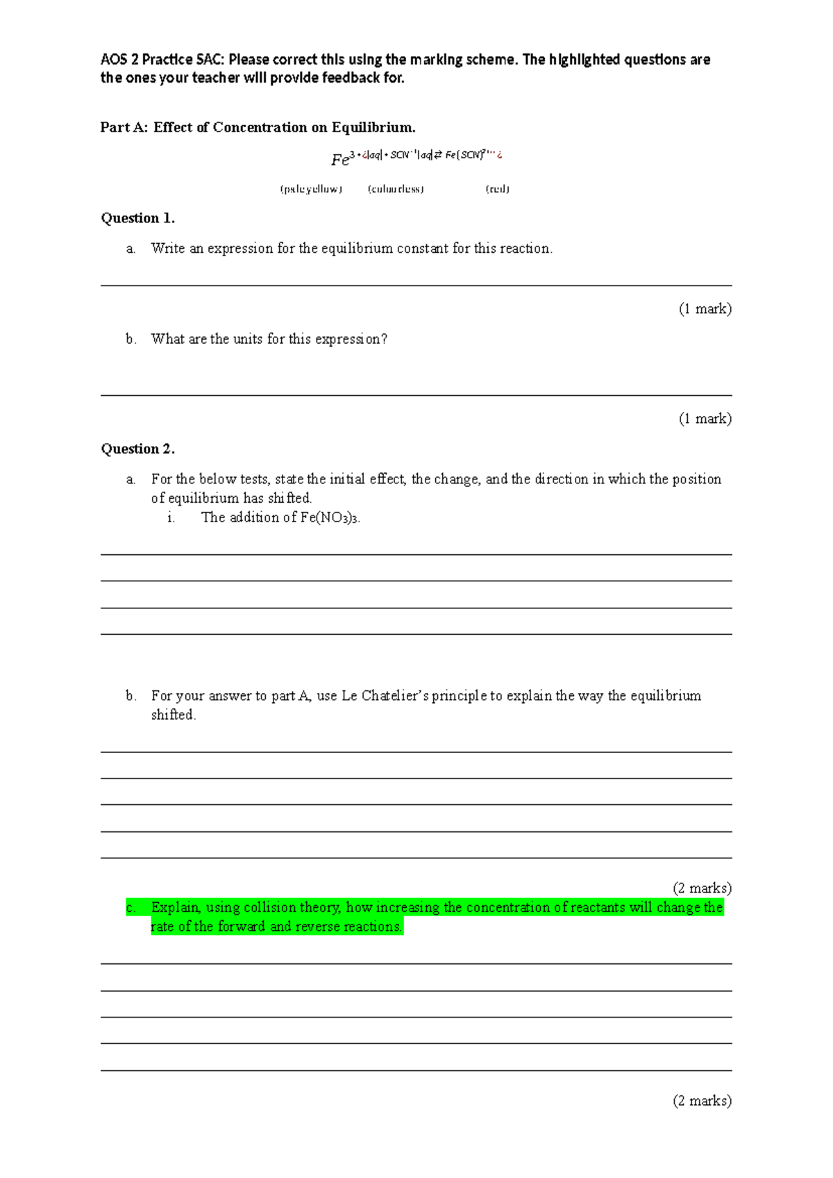 AOS 2 Practice SAC 2024 - Equilibrium and Reaction Rates Analysis - Studocu