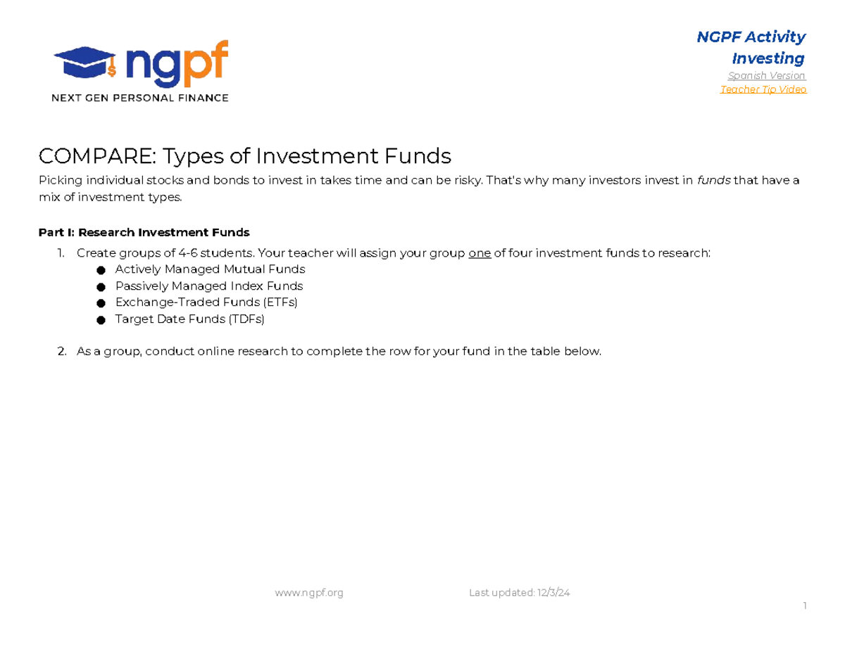 NGPF Activity: Comparing Types of Investment Funds (Spanish Version ...