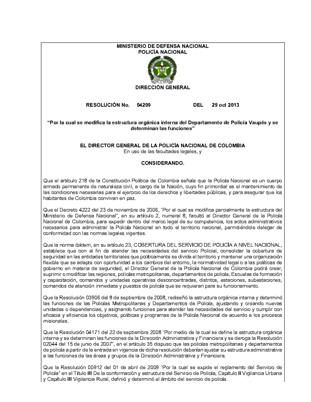 Proyecto de Resolución Devau - MINISTERIO DE DEFENSA NACIONAL POLICÍA ...