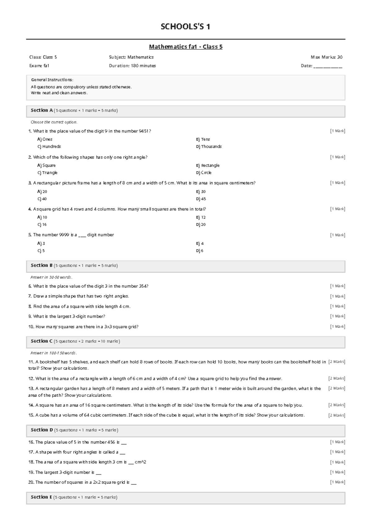 Mathematics FA1 Class 5 - Answer Key and Solutions - Studocu