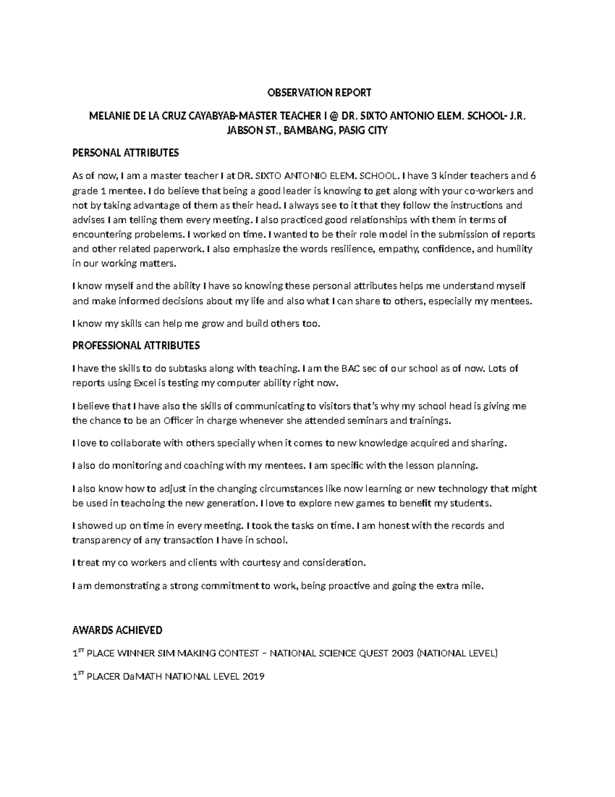 Observation Report - Yyuh - OBSERVATION REPORT MELANIE DE LA CRUZ ...