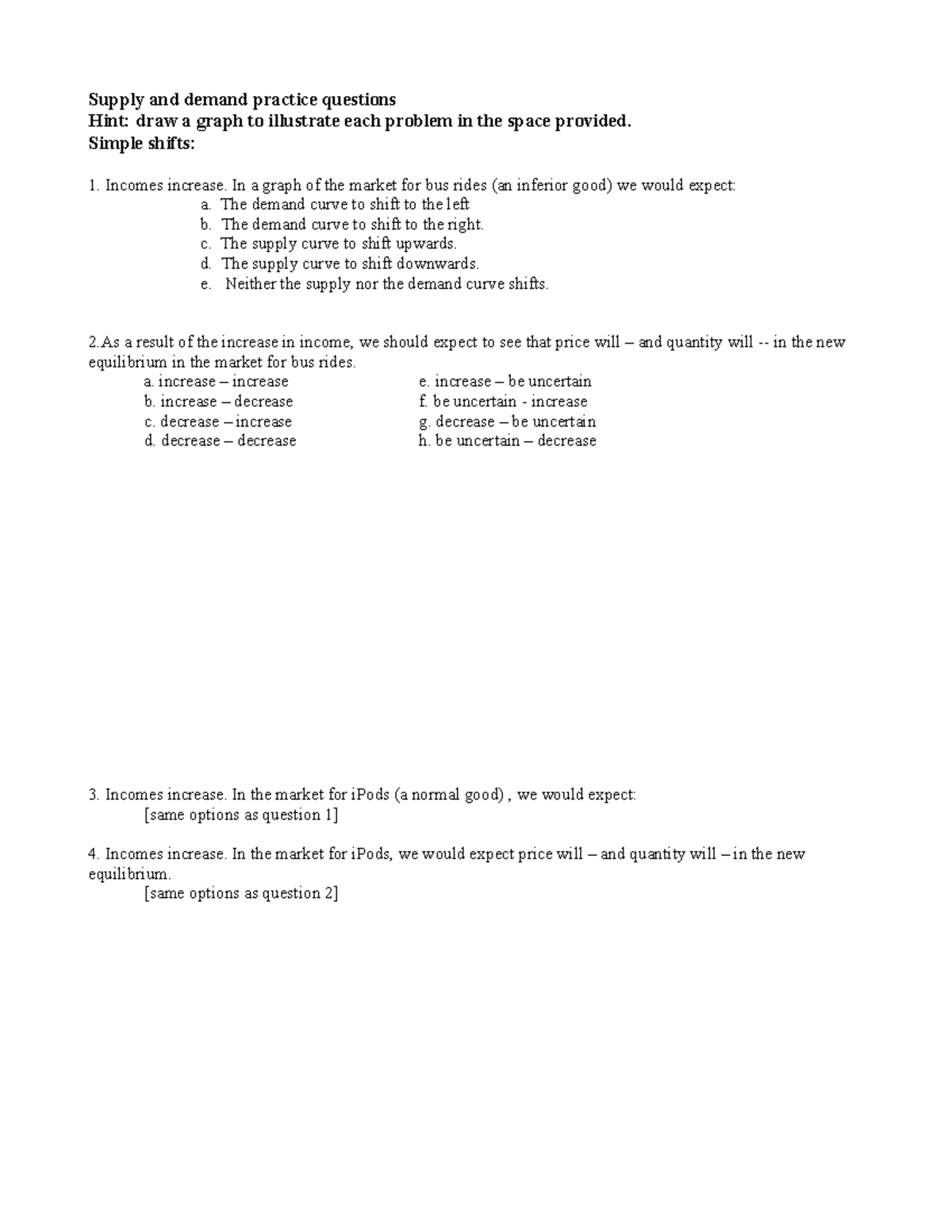Supply and Demand Shifts Practice Questions (Econ 101) - Studocu