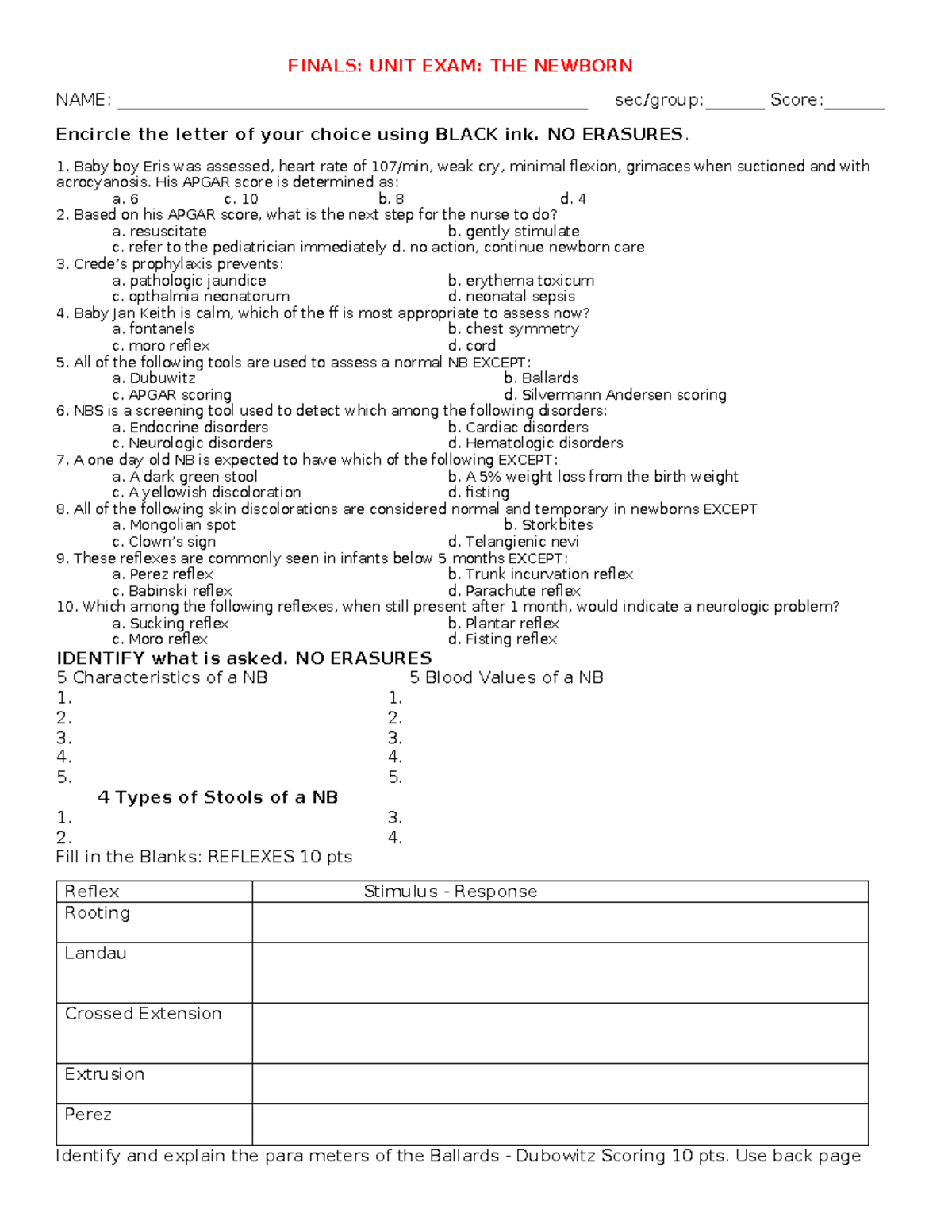 Final Exam: Unit Exam on Newborn Assessment (NB Docs) - Studocu