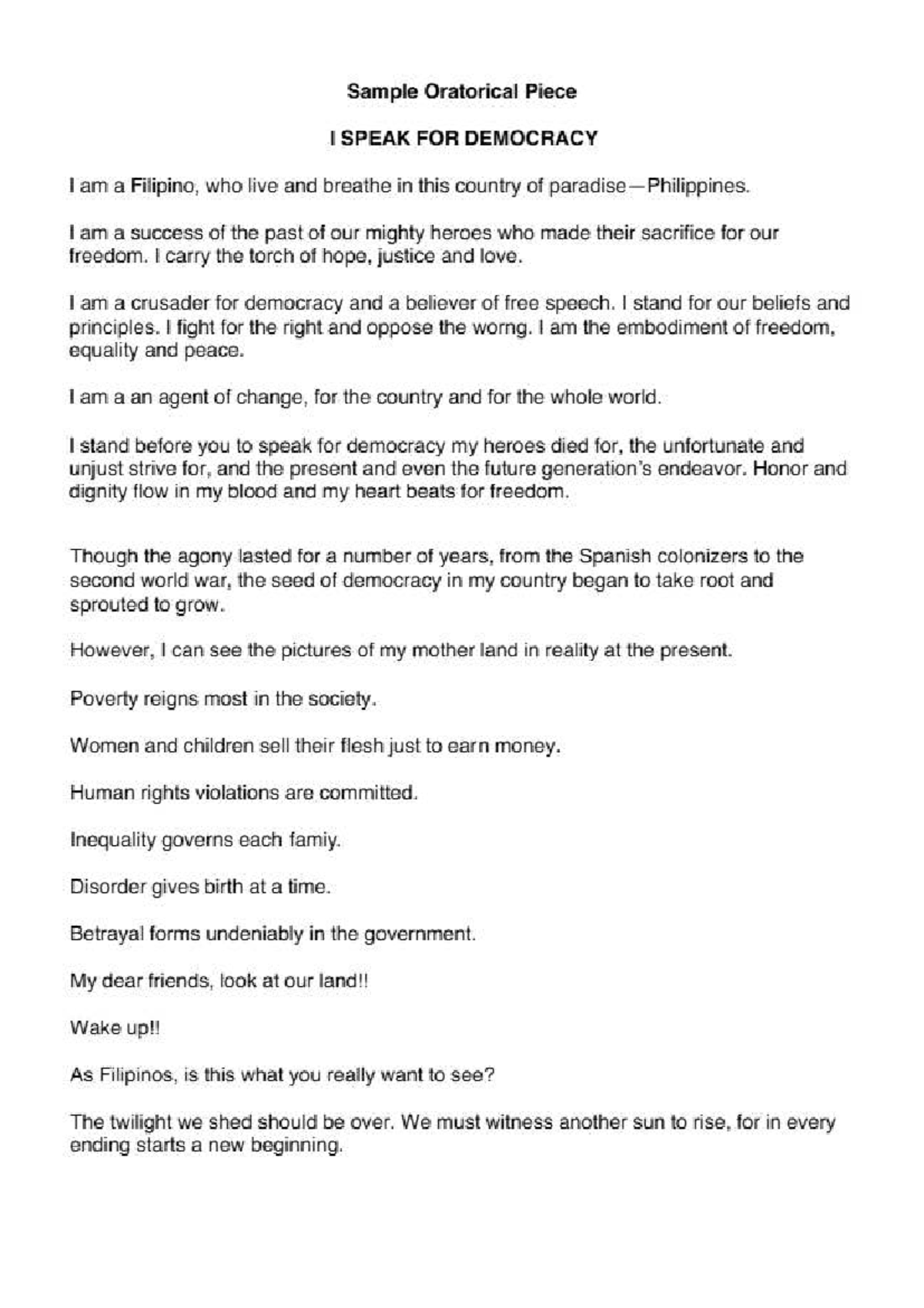 Sample Oratorical Piece: I Speak for Democracy - EEE - Studocu