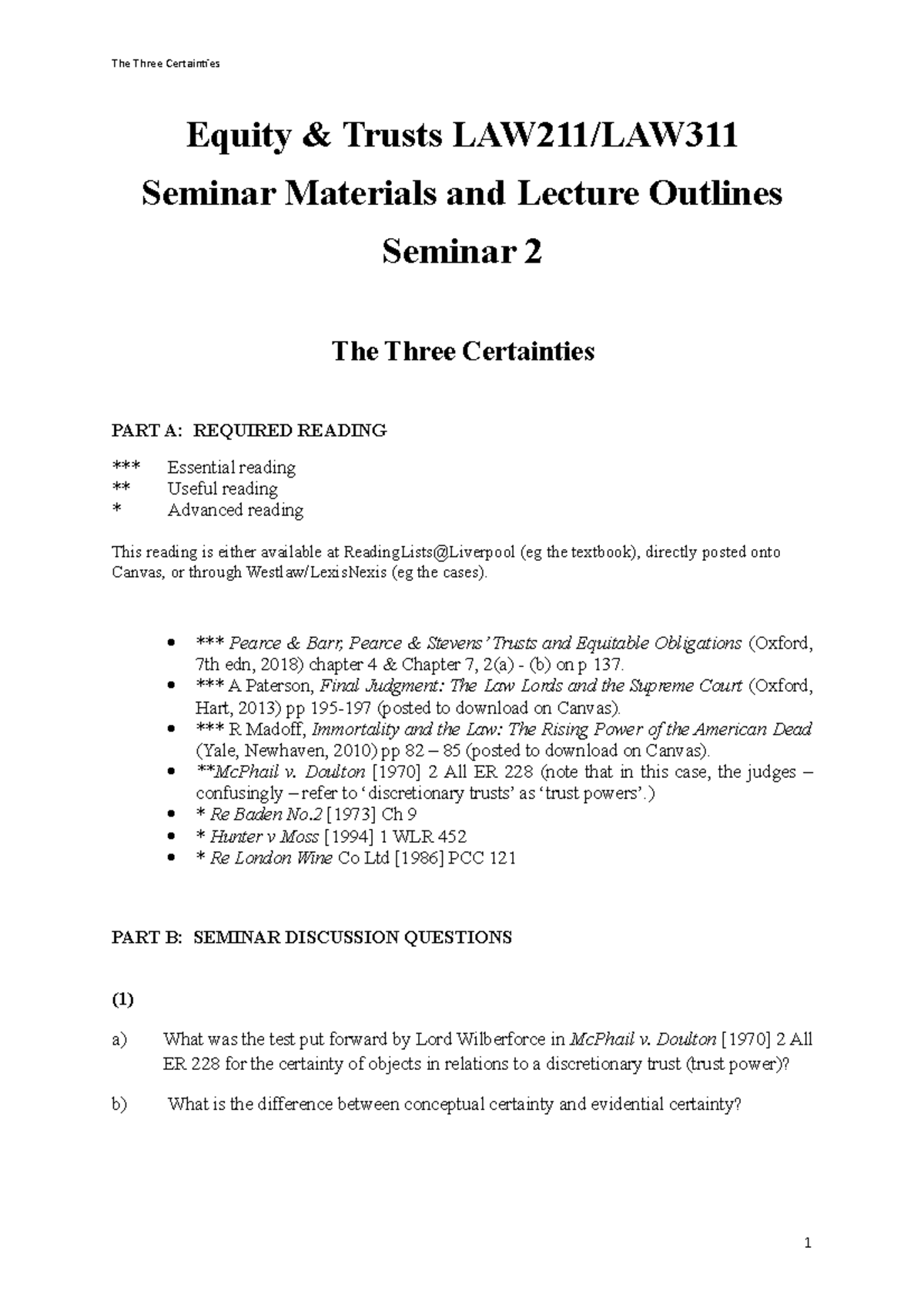 Seminar questions seminar 2 - The Three Certainties Equity & Trusts ...