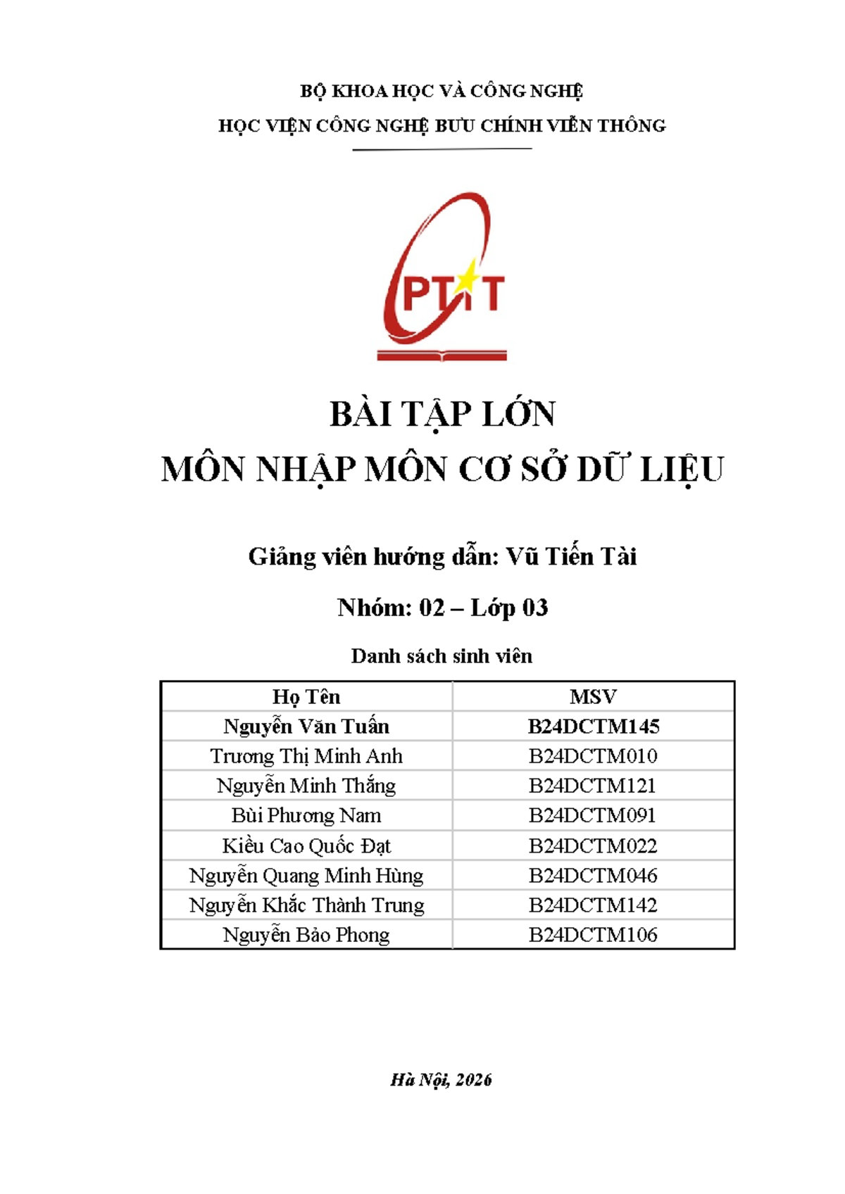 Bài Tập Lớn Môn Nhập Môn Cơ Sở Dữ Liệu - BTL - NMCSDL - Nhóm 02 - Studocu