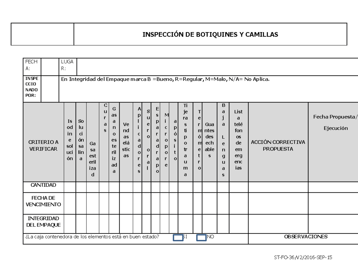 Formato Inspeccion‌ ‌DE‌ ‌ Botiquines‌ ‌Y‌ ‌ Camillas‌ - INSPECCIÓN DE BOTIQUINES Y CAMILLAS ...