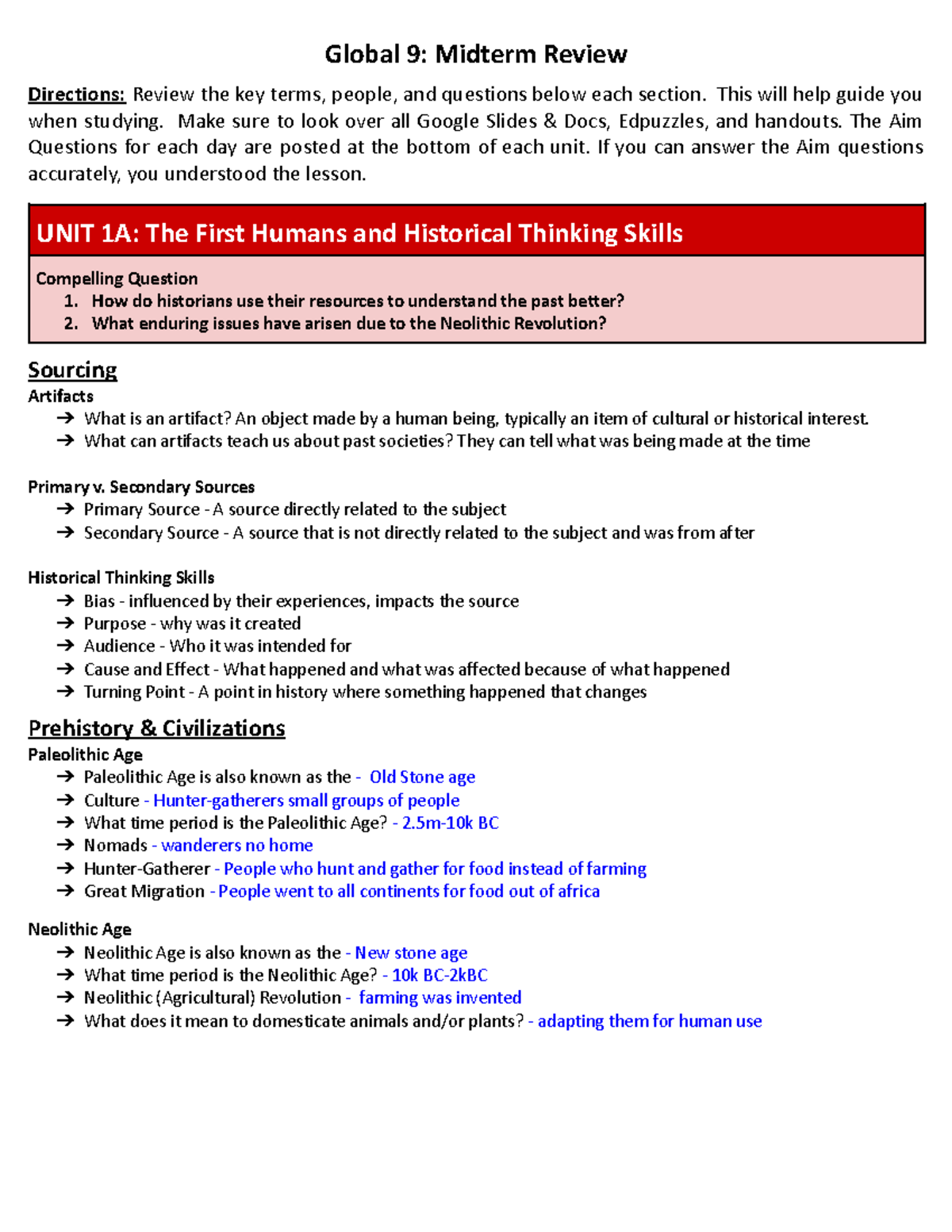 Global 9 Midterm Review - Key Concepts and Historical Thinking Skills ...