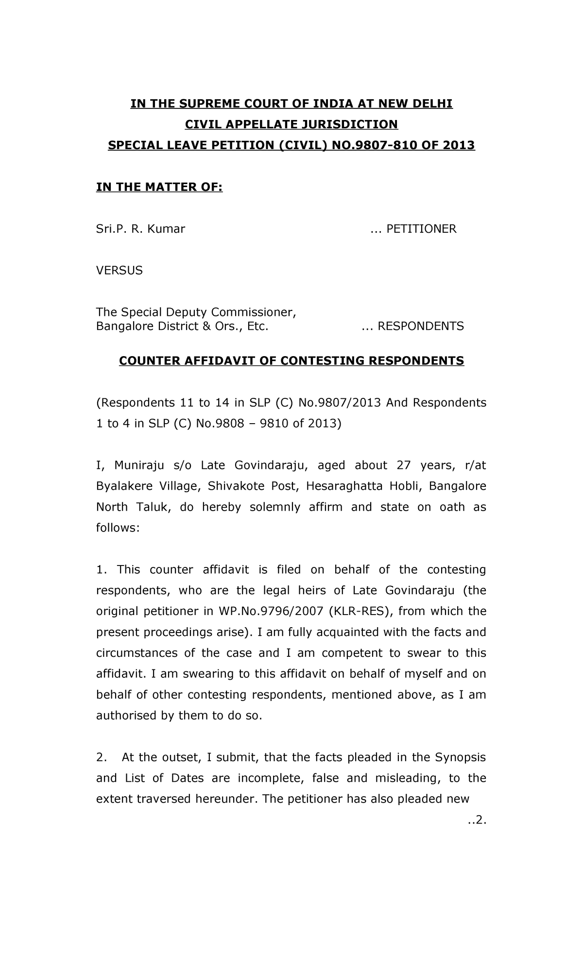 Counter affidavit in SLP (C) 2013: Chowdappa vs. Special Deputy ...