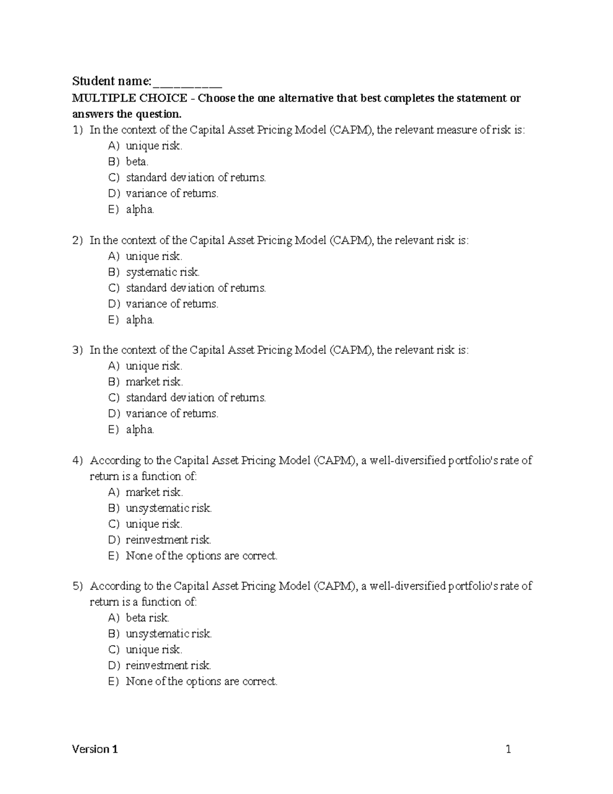 Ch 9 CAPM Multiple Choice Questions - Finance Exam Prep - Studocu