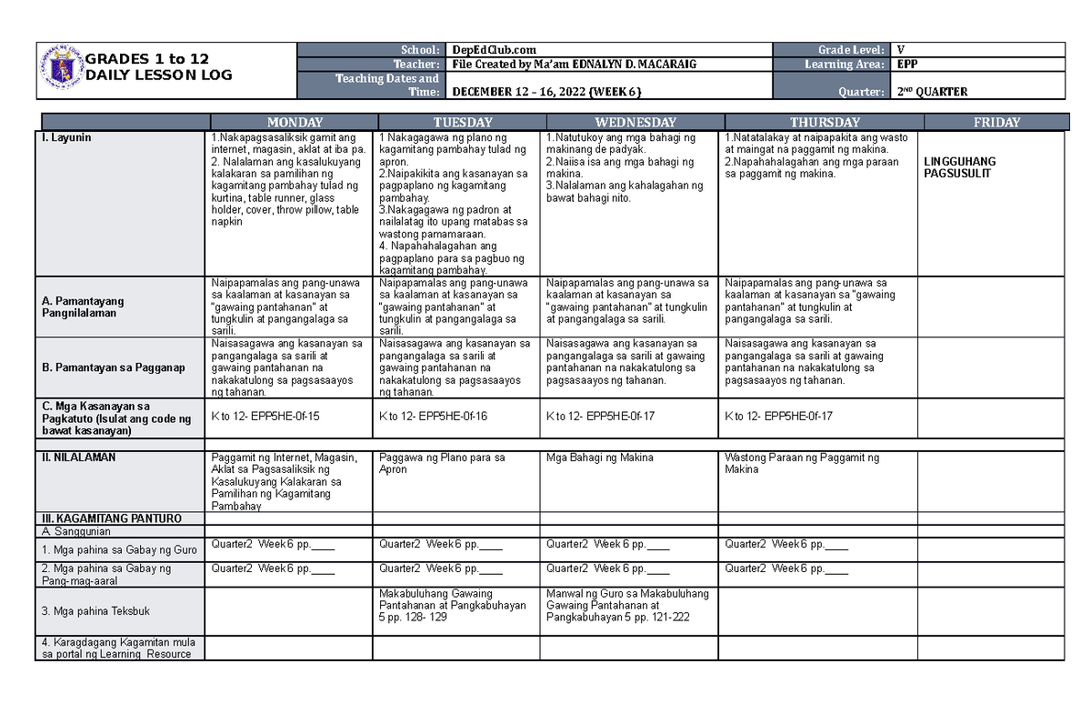 DLL EPP 5 Q3 W6 - none - GRADES 1 to 12 DAILY LESSON LOG School: DepEdClub Grade Level: V ...