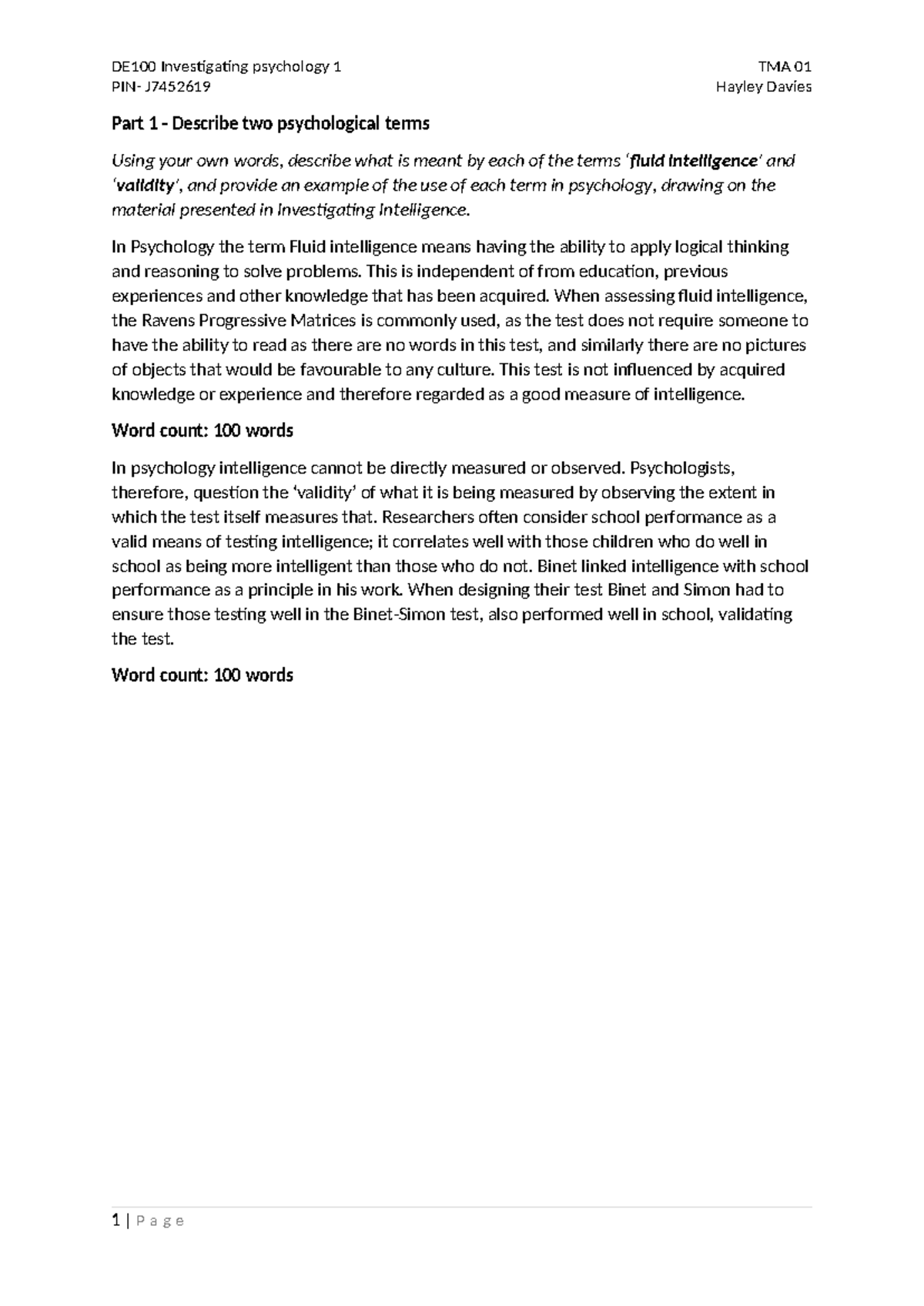 DE100 TMA01 - DE100 Investigating psychology 1 TMA 01 PIN- J7452619 ...