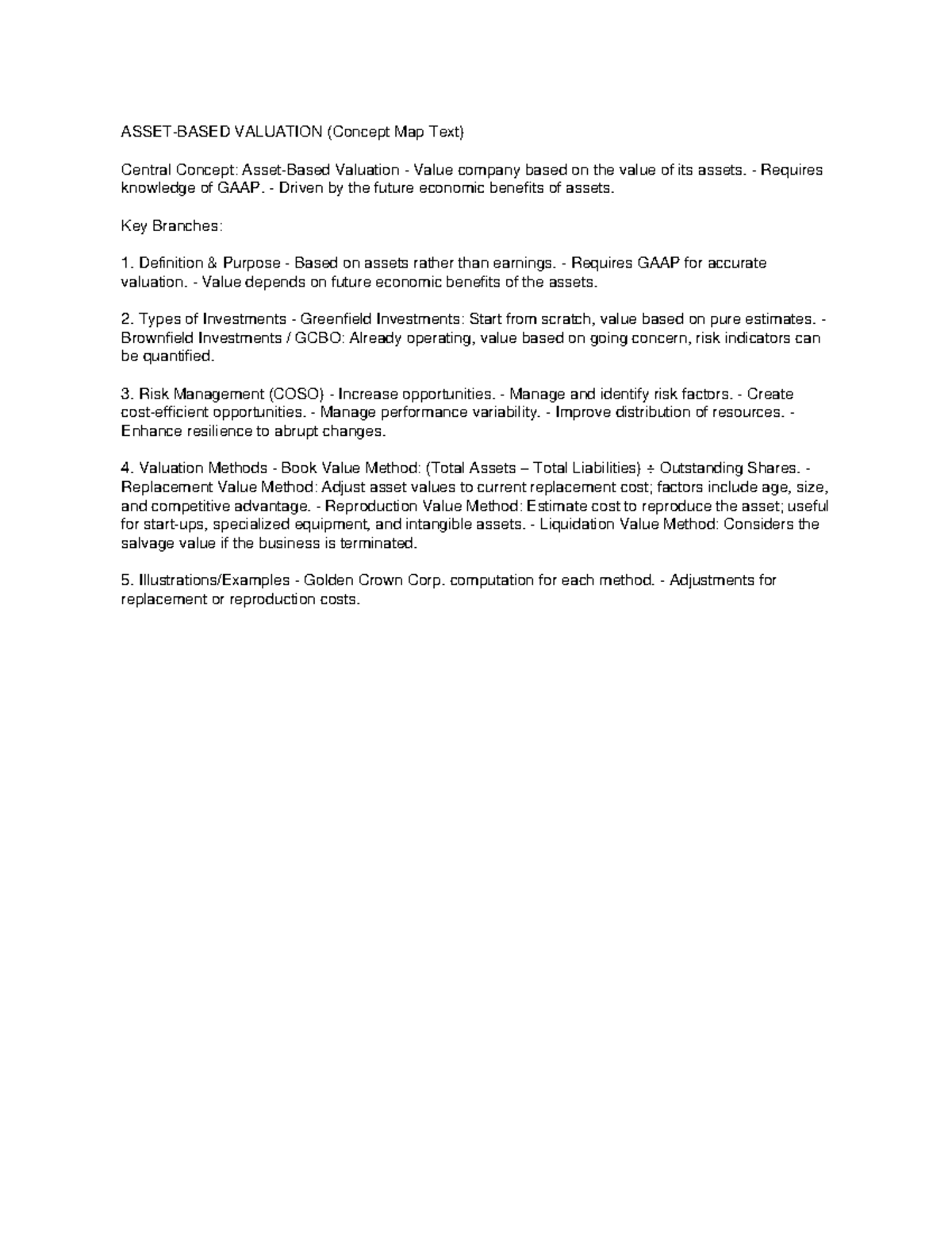 VALUATION (Concept Map) - Asset-Based Valuation Methods - Studocu
