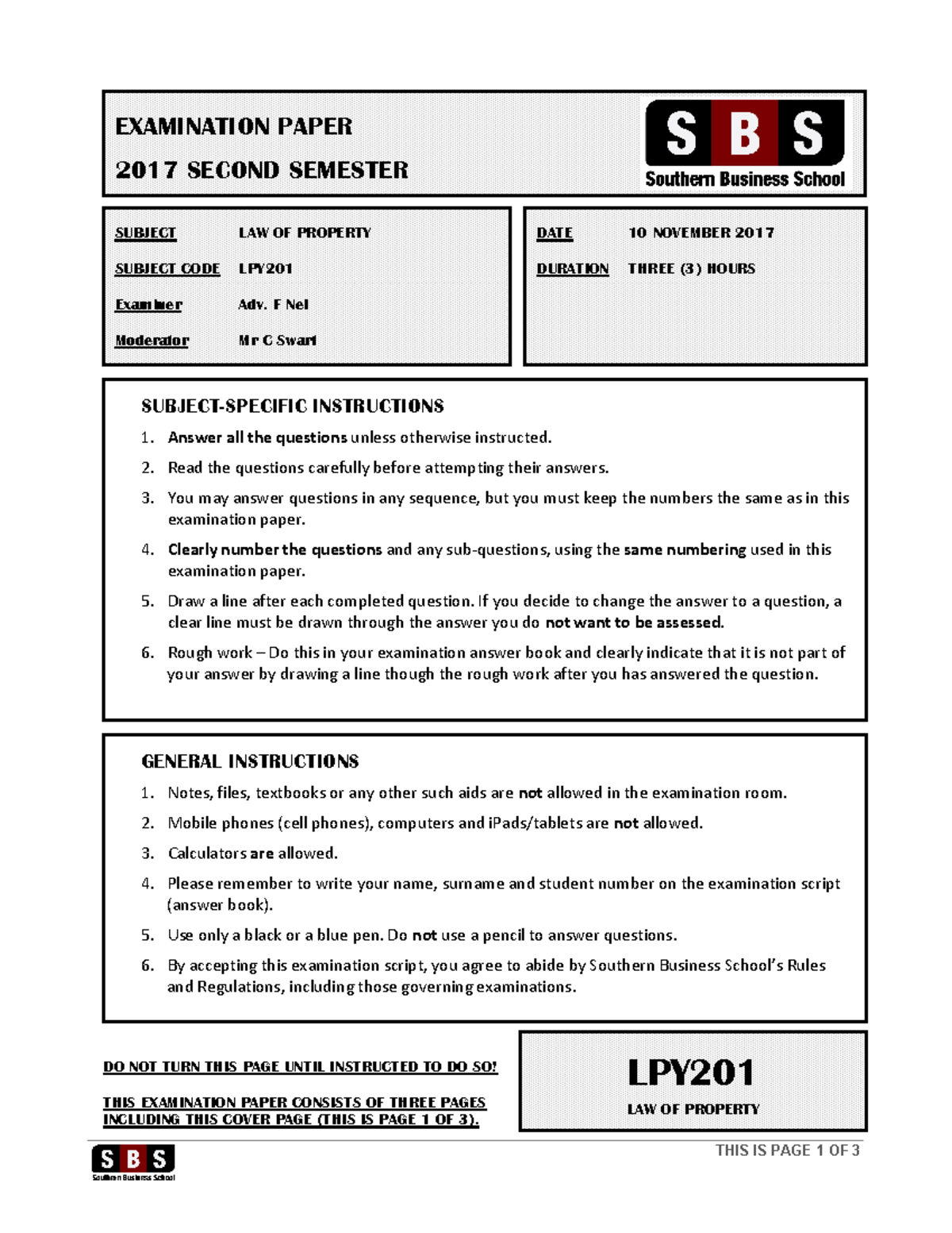 Law of Property Past Exam Papers - 2017 -01 - Warning: TT: undefined function: 32 THIS IS PAGE 1 ...