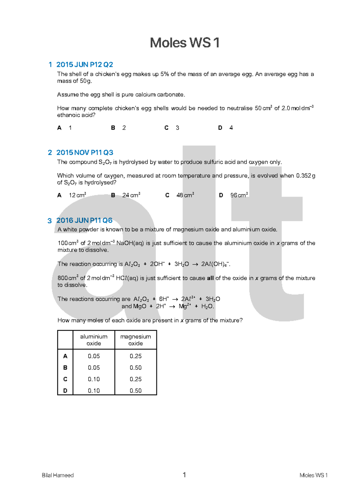03 Moles WS 2022 - Practice Questions on Mole Concepts and ...