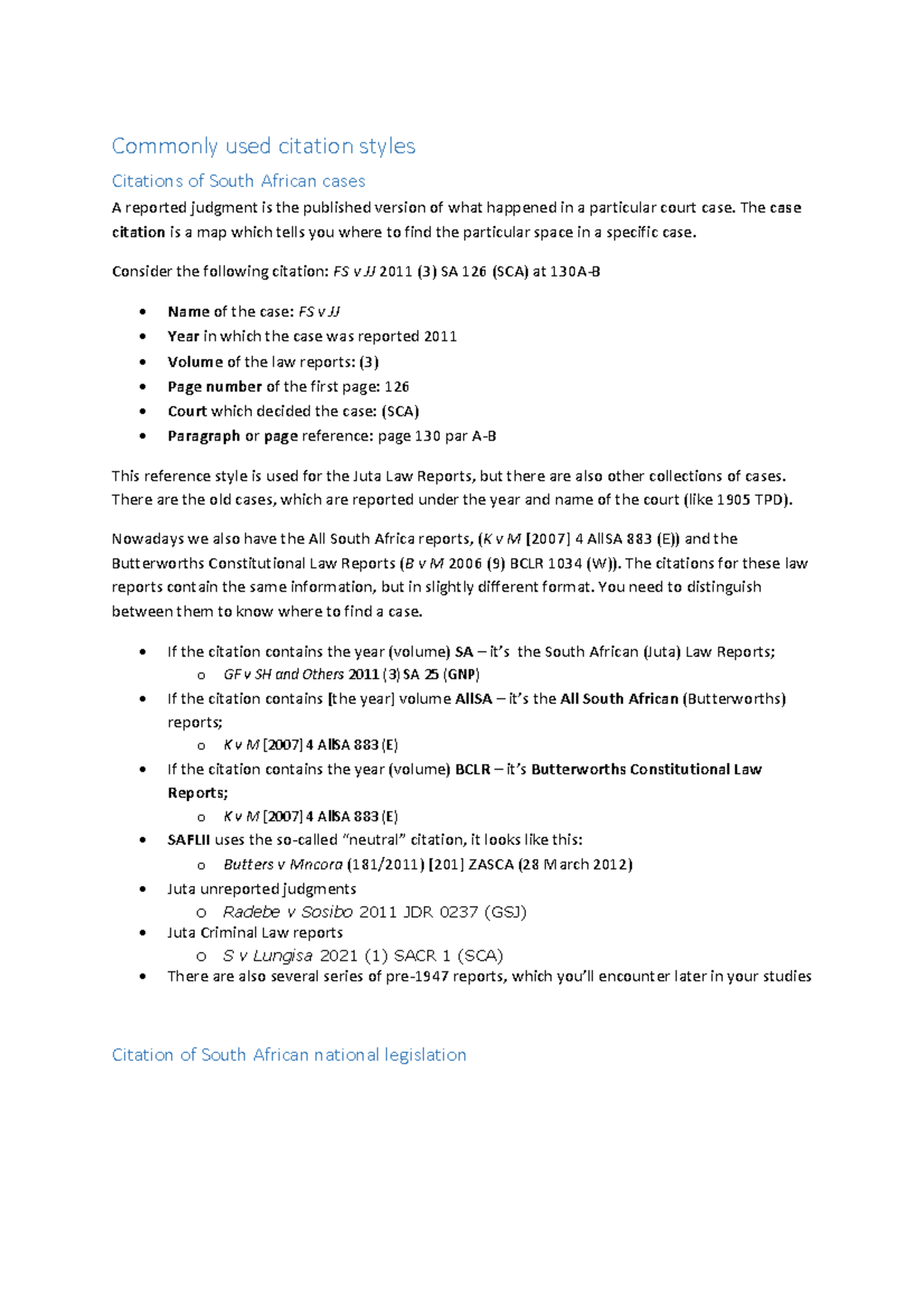 Commonly Used Citation Styles for South African Cases: A Guide - Studocu