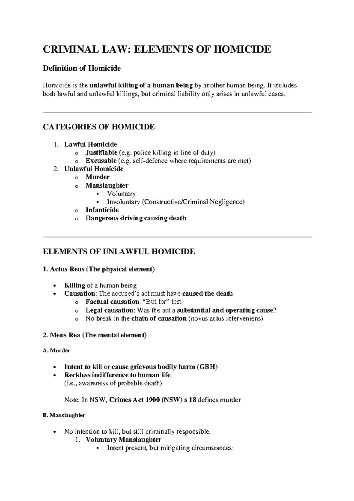 CRIMINAL LAW: HOMICIDE ELEMENTS SUMMARY & CATEGORIES - Studocu