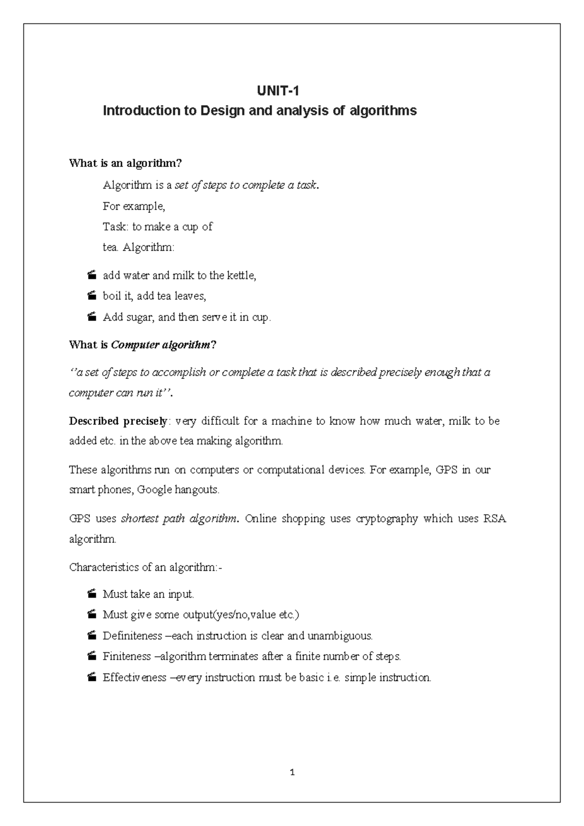 ADS UNIT 1 - Unit 1 - UNIT- Introduction to Design and analysis of algorithms What is an ...