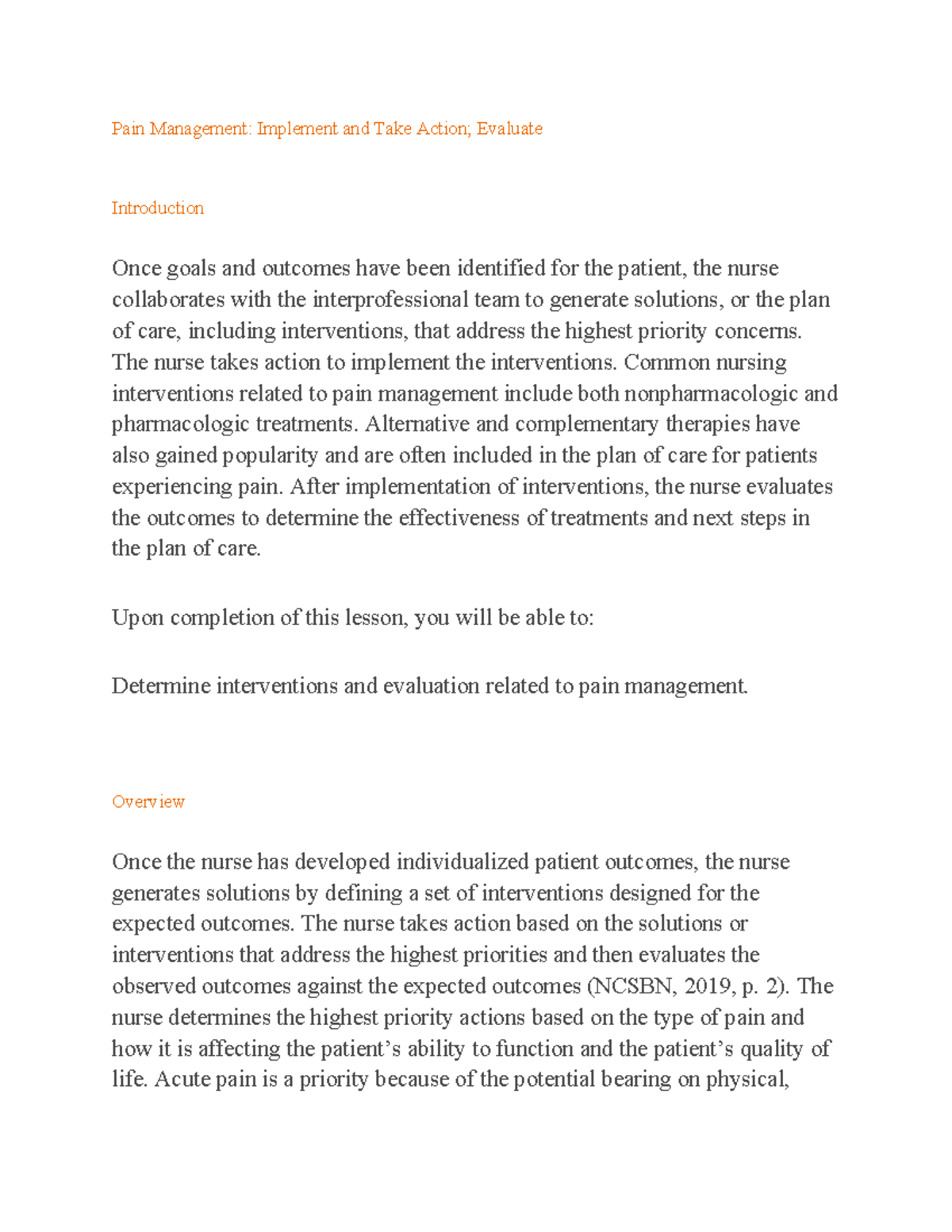 Pain Management Strategies: Implementation & Evaluation Guide - Studocu