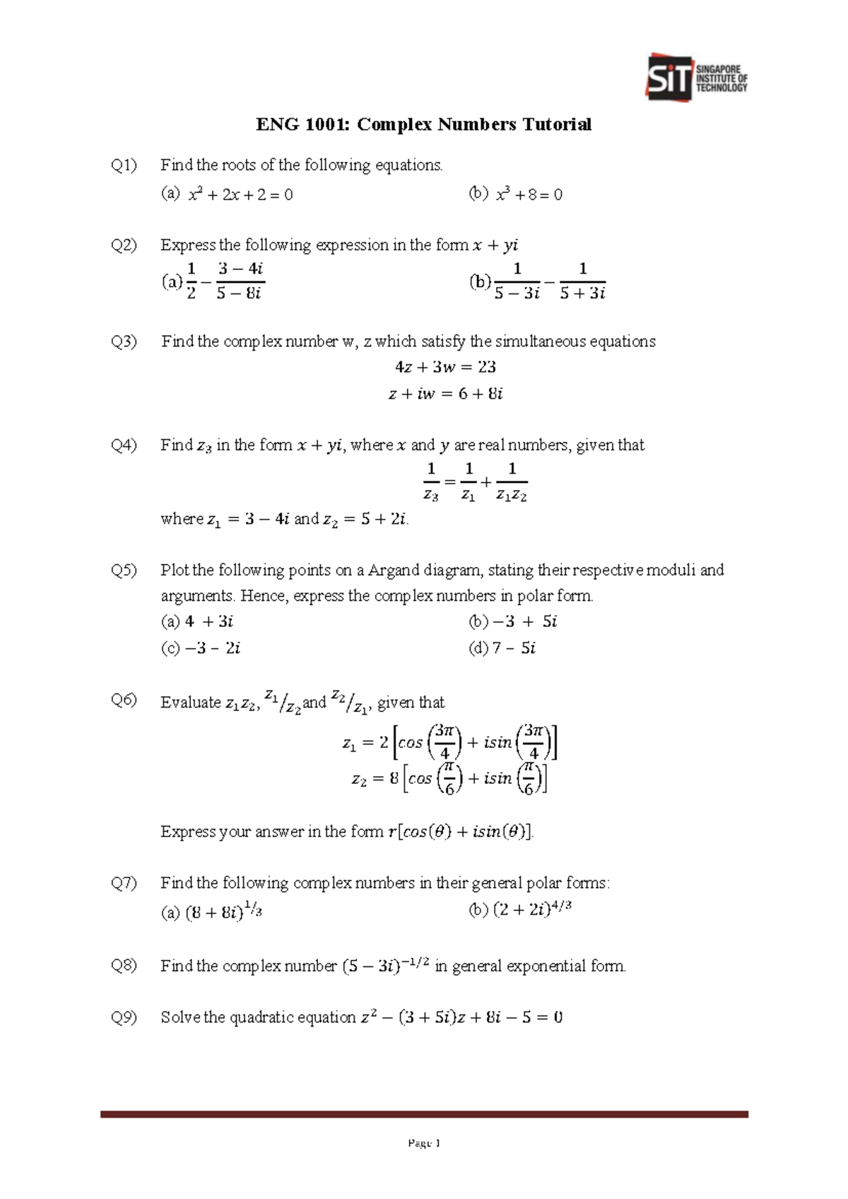 ENG 1001: Final Complex Numbers Tutorial and Exercises - Studocu