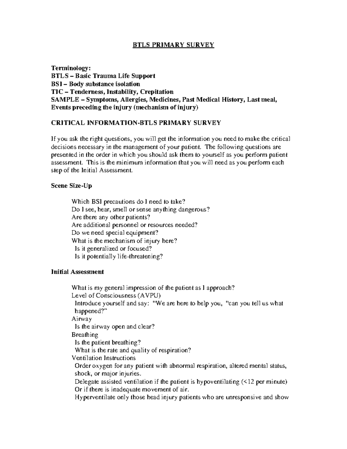 BTLS1 - Comprehensive Guide to BTLS Primary Survey Techniques - Studocu