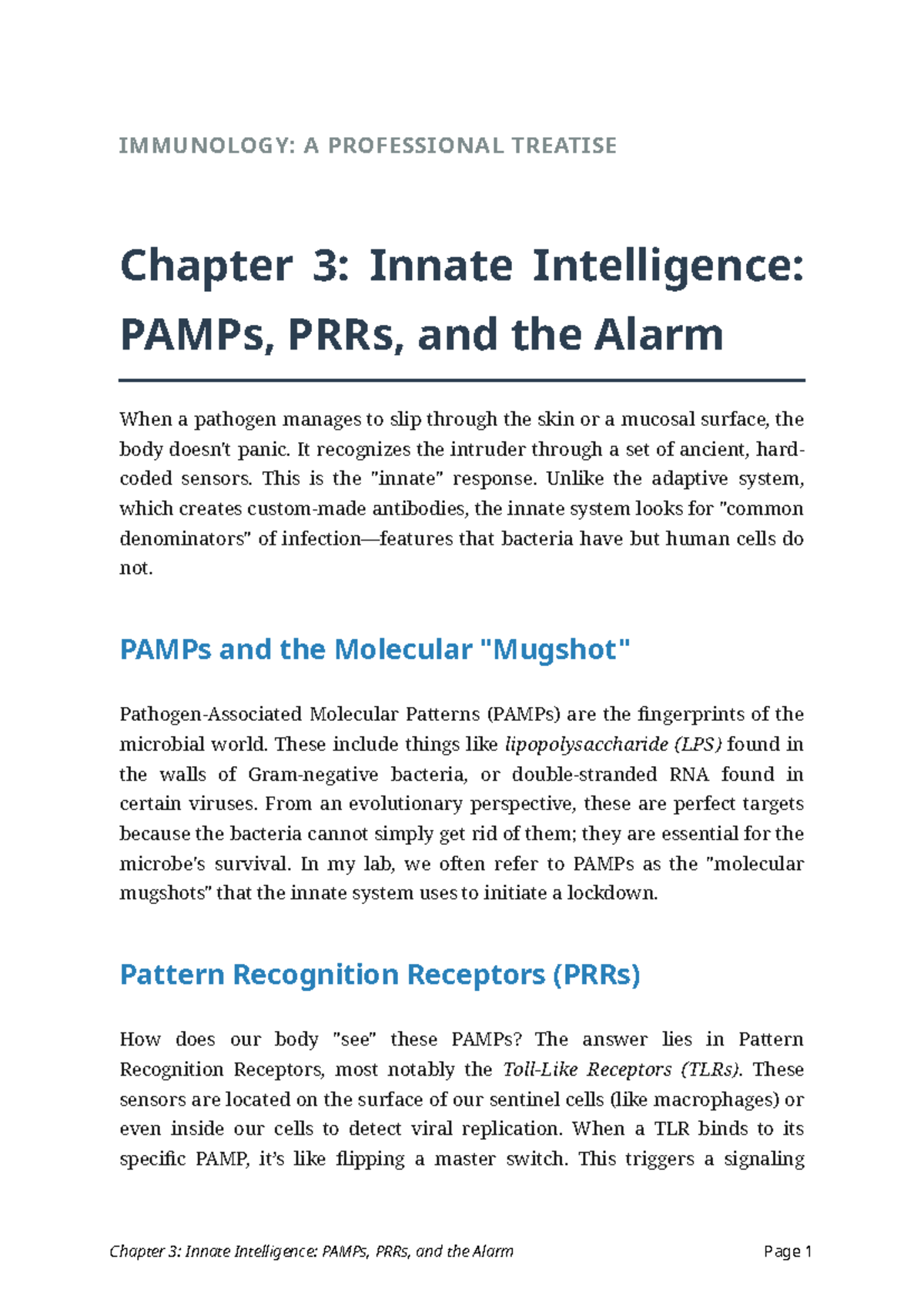 IMMUNOLOGY: Chapter 3 - Innate Intelligence, PAMPs & PRRs - Studocu