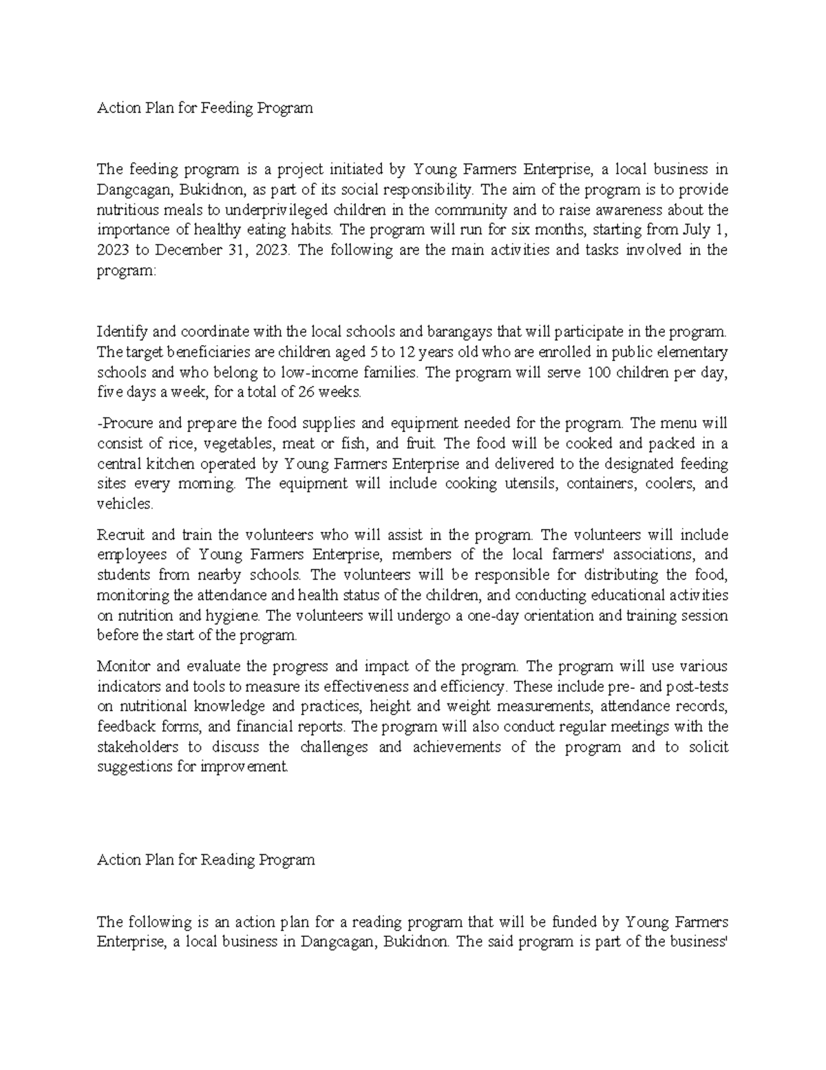 Action Plan for Feeding Program - The aim of the program is to provide ...