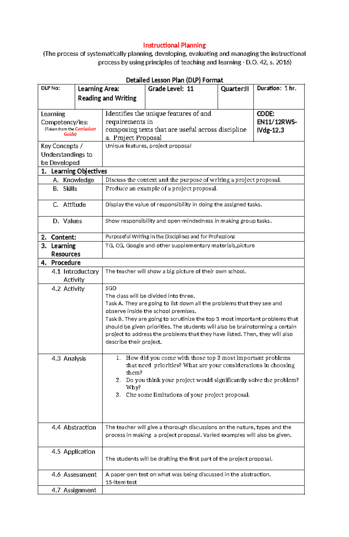 DLP 3: Instructional Planning for Project Proposals in Grade 11 - Studocu