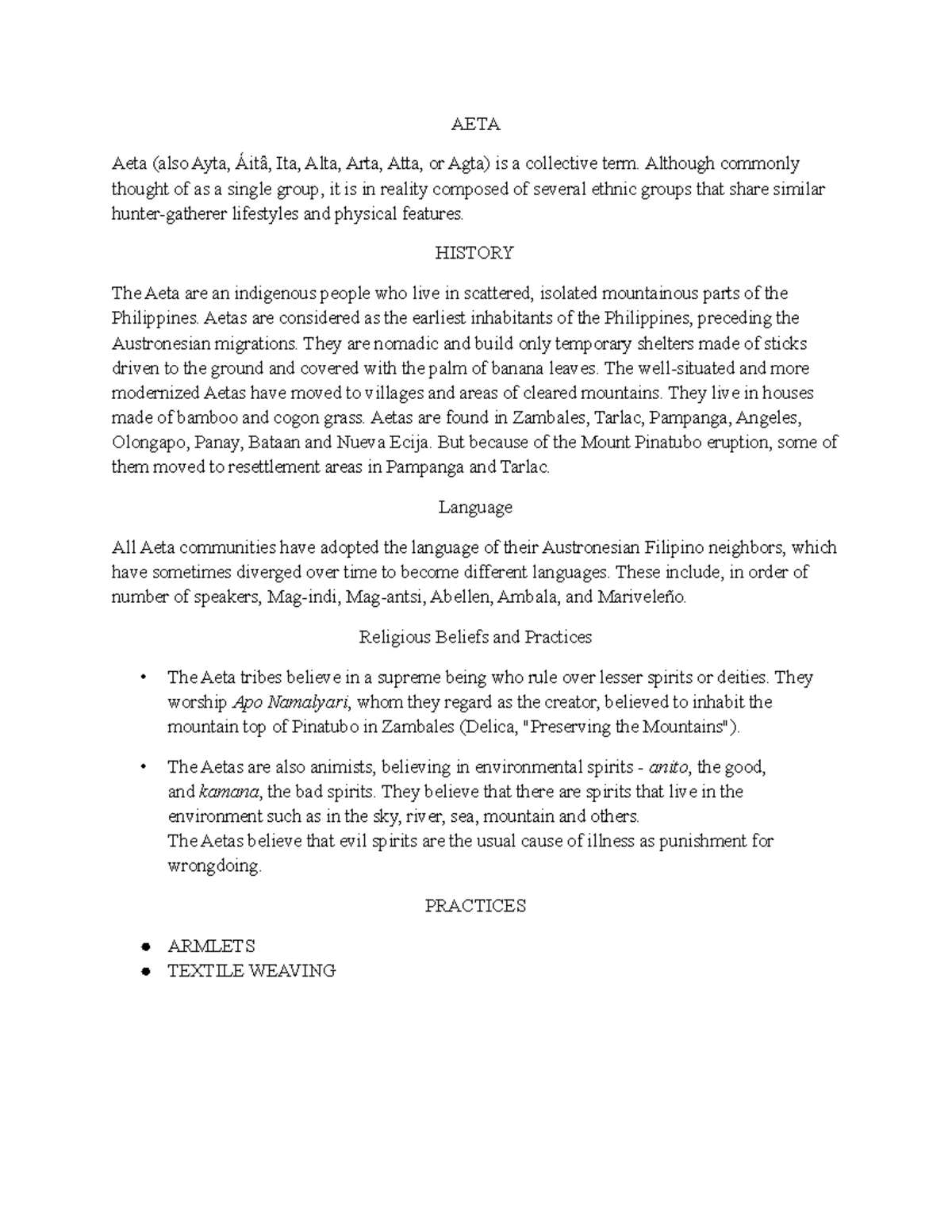AETA - Overview of the Aeta Ethnic Groups and Culture - Studocu