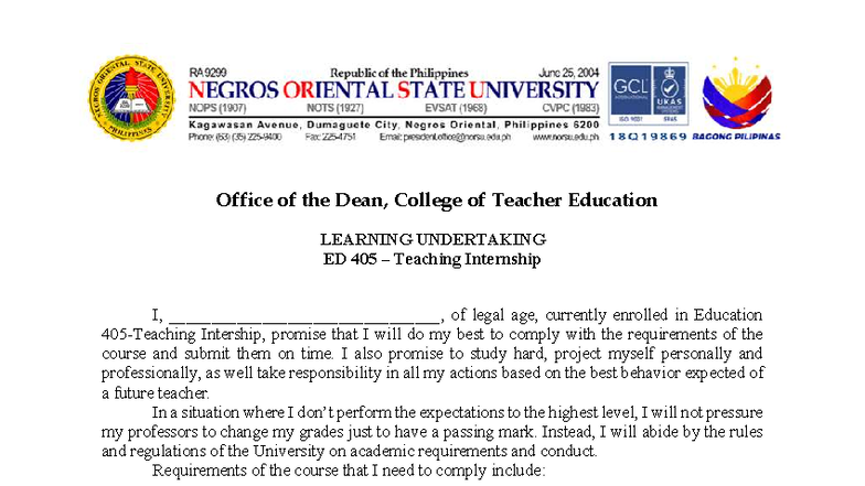 ED 405 Learning Undertaking for Teaching Internship I - Studocu