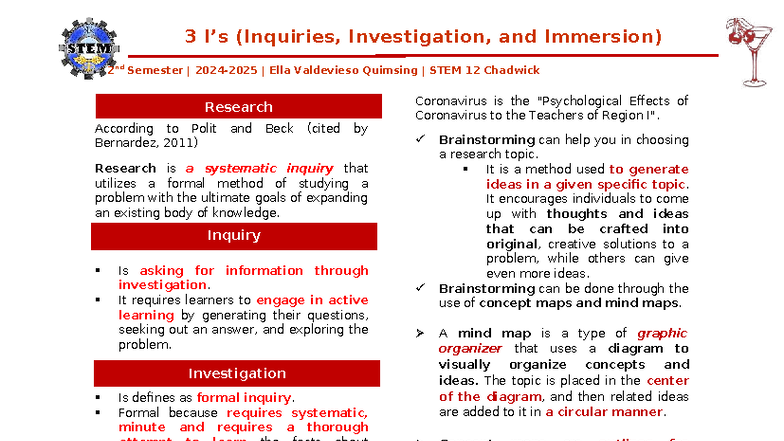 STEM 12 Chadwick: 3 I’s - Inquiries, Investigations, and Immersion Insights - Studocu