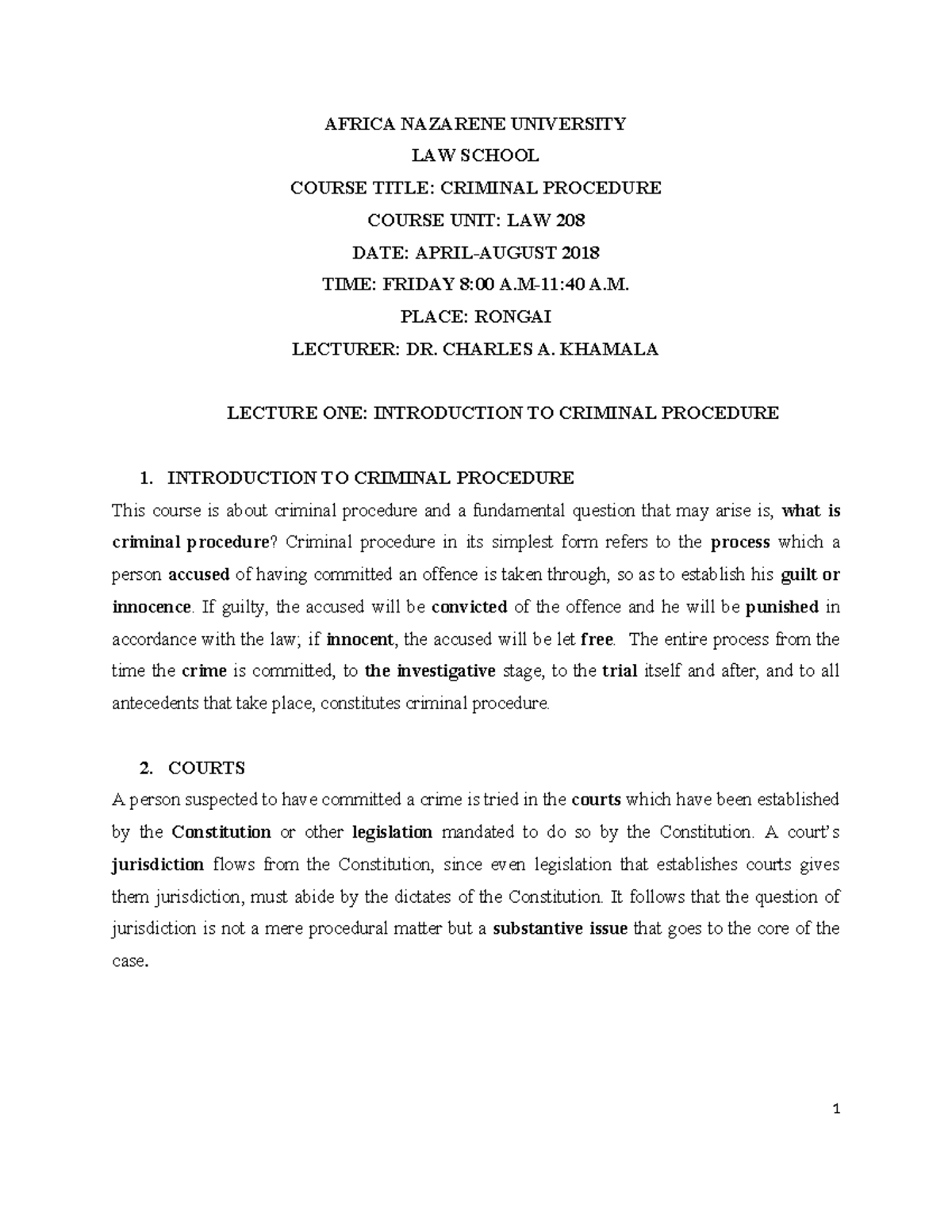 LAW 208: Lecture 1 - Introduction to Criminal Procedure Notes - Studocu