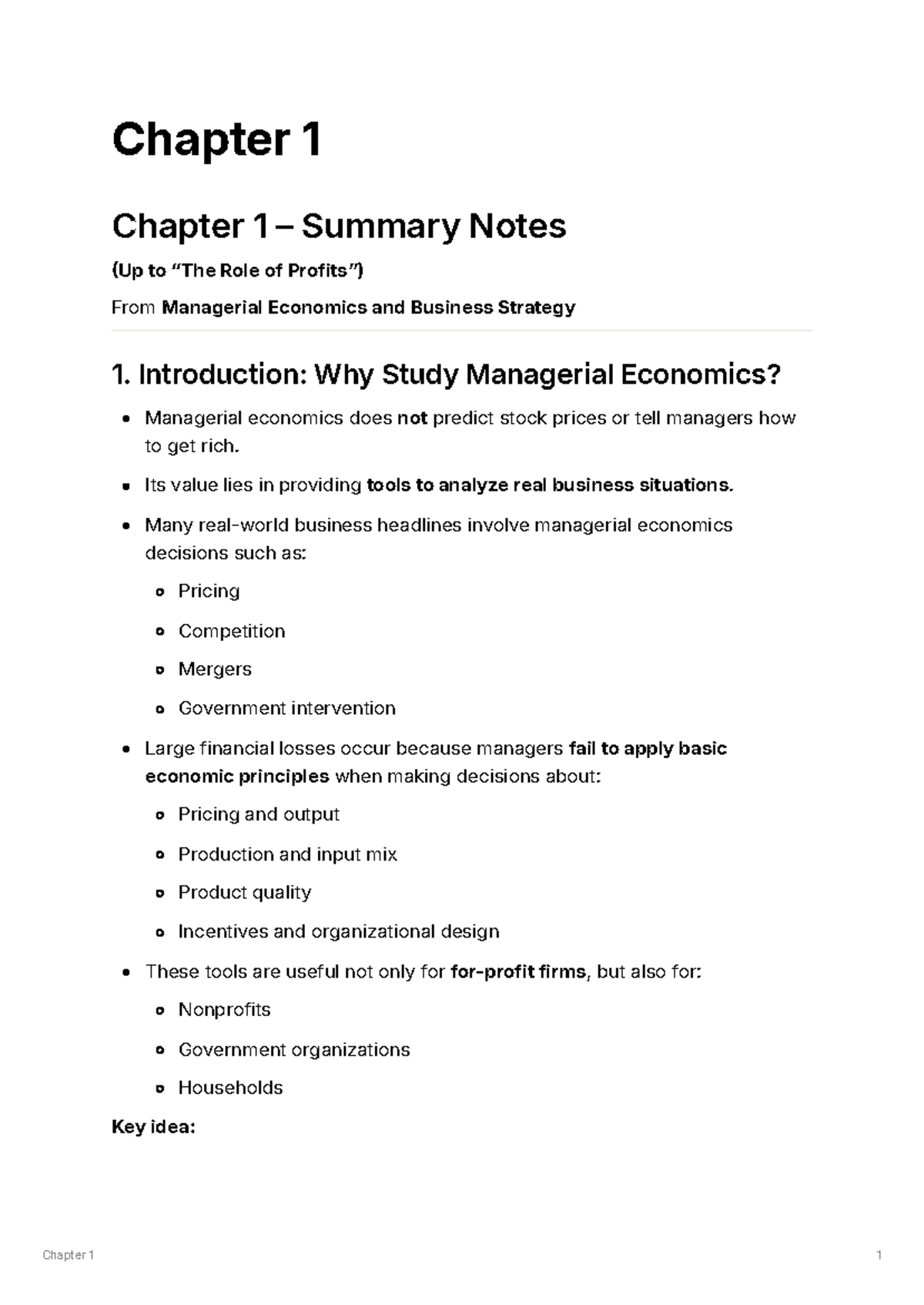 Managerial Economics and Business Strategy: Chapter 1 Summary Notes ...