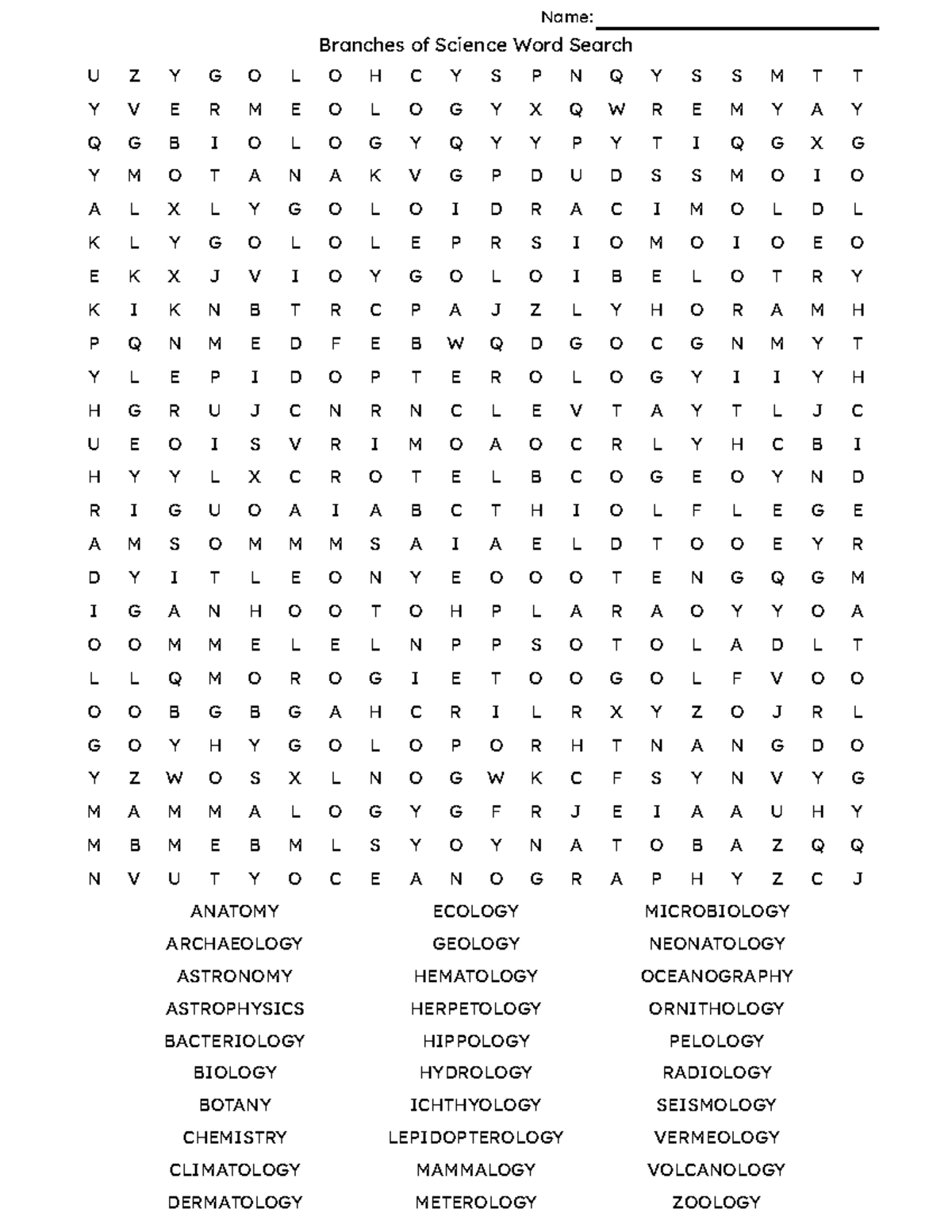 Branches OF Science Wordsearch - IN Class Worksheet - Name: Branches of ...