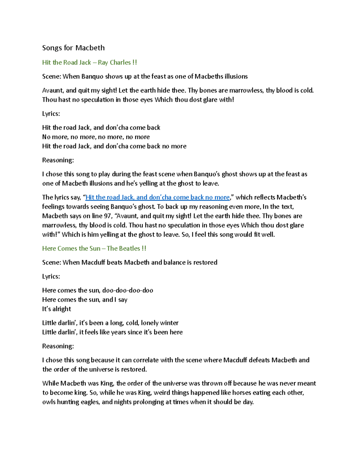 Macbeth Soundtrack Analysis: Student Playlist with Song Reasoning - Studocu