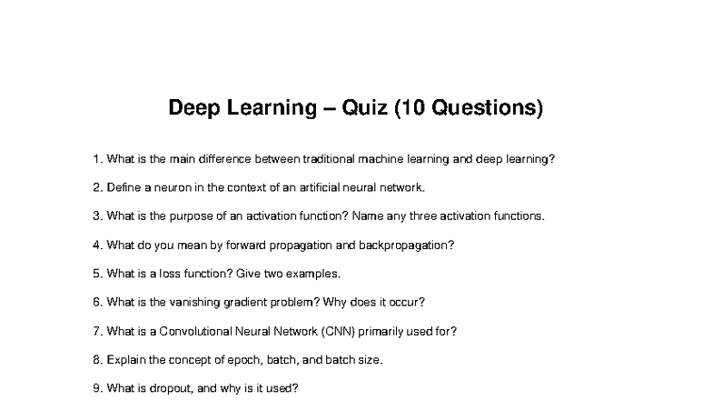 Deep Learning Quiz (10 Questions) - Key Concepts & Terms - Studocu