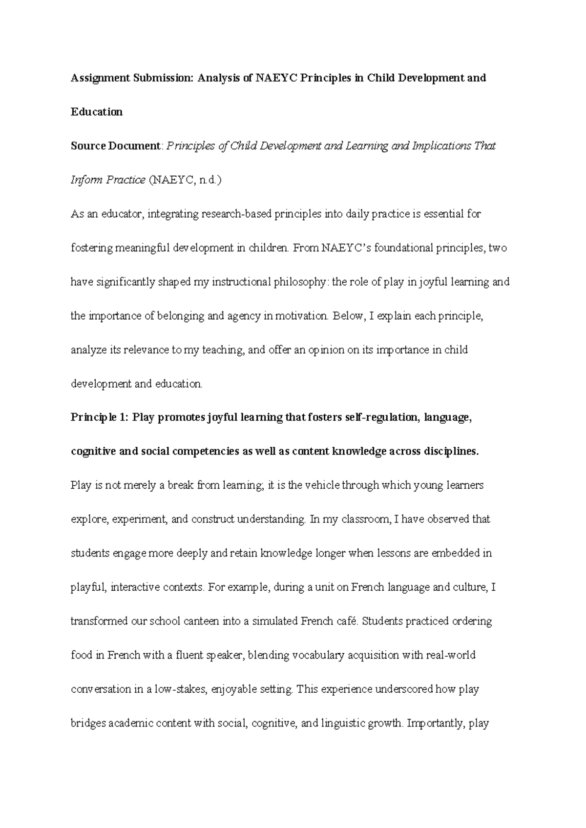 NAEYC Principles in Child Development: Assignment Submission - Studocu
