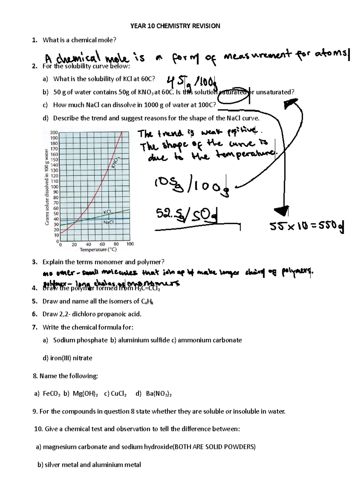 Year 10 Chemistry Revision Guide: Key Concepts and Questions - Studocu