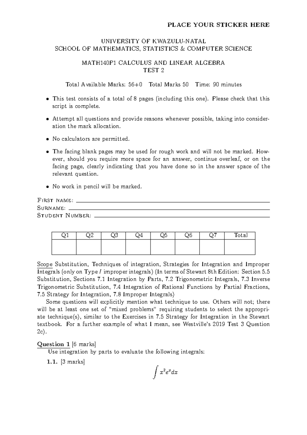 MATH140P1 Calculus & Linear Algebra Test 2 - Draft Version - Studocu